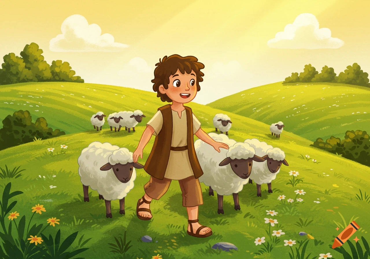 Cartoon illustration of a young shepherd boy tending sheep in bright ...