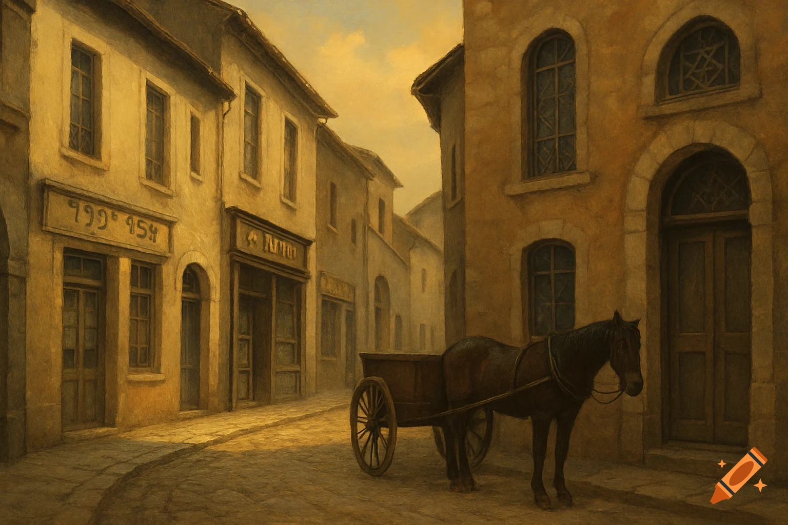 A softly lit, painterly street scene of an old European town, with ...