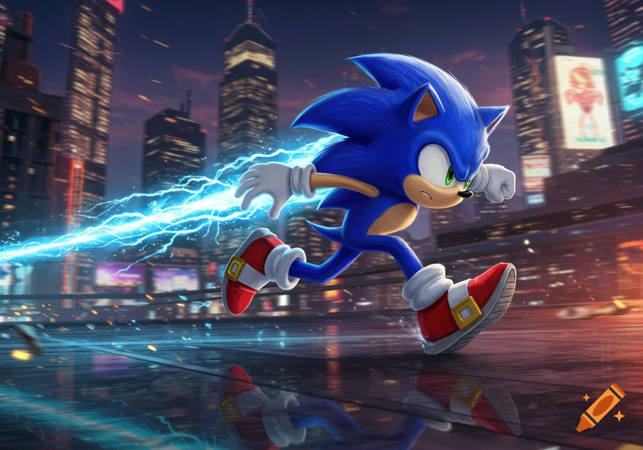 Sonic the Hedgehog runs at super speed with blue light trails in a ...