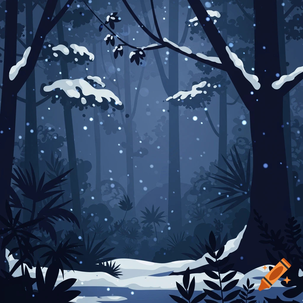 A stylized illustration of a dark, snowy forest at night, with falling ...