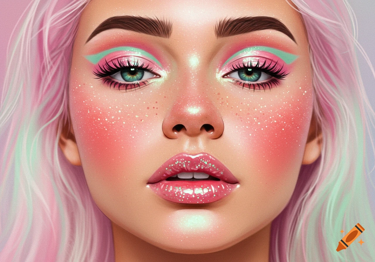 Close-up of a woman's face with vibrant pink and mint green eye makeup ...