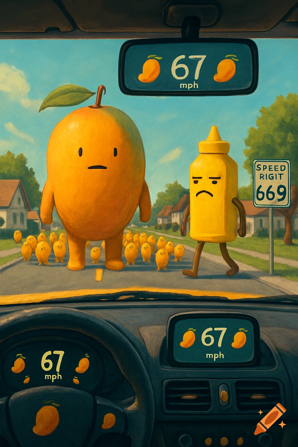 A surreal digital illustration from a car's POV, showing a giant ...