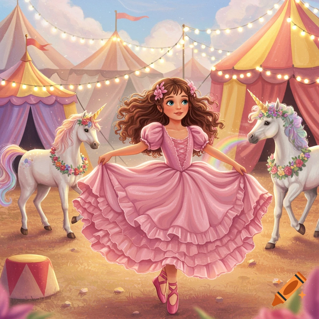 A girl in a pink dress dances between two unicorns at a vibrant circus. on Craiyon