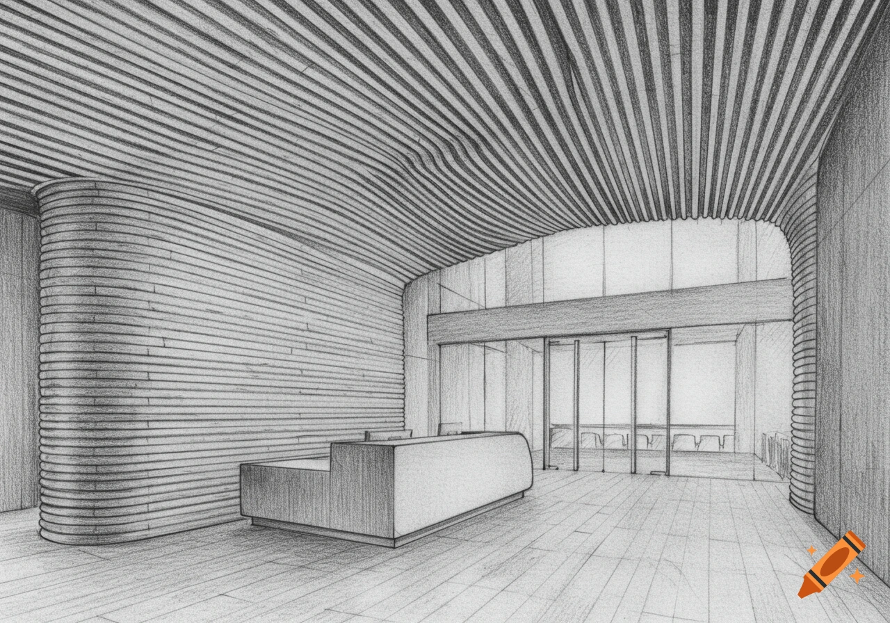 Pencil sketch of a modern reception area with curved wooden slat walls ...