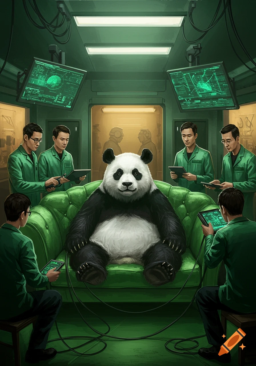 A large panda sits on a green couch in a futuristic lab, surrounded by ...