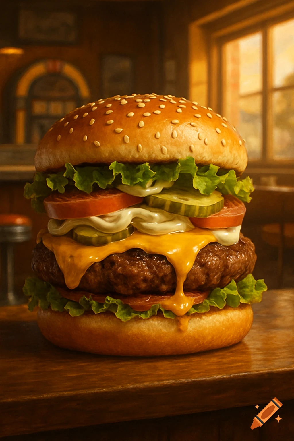 A photorealistic grilled beef patty with small legs stands on a silver ...