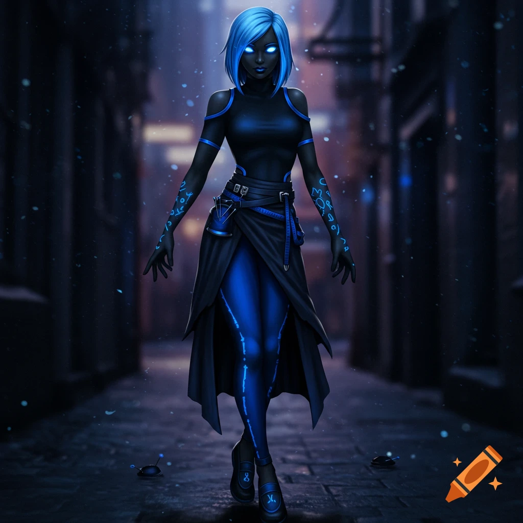 A stylized woman with blue glowing eyes and hair, in a black outfit with blue glowing runes ...