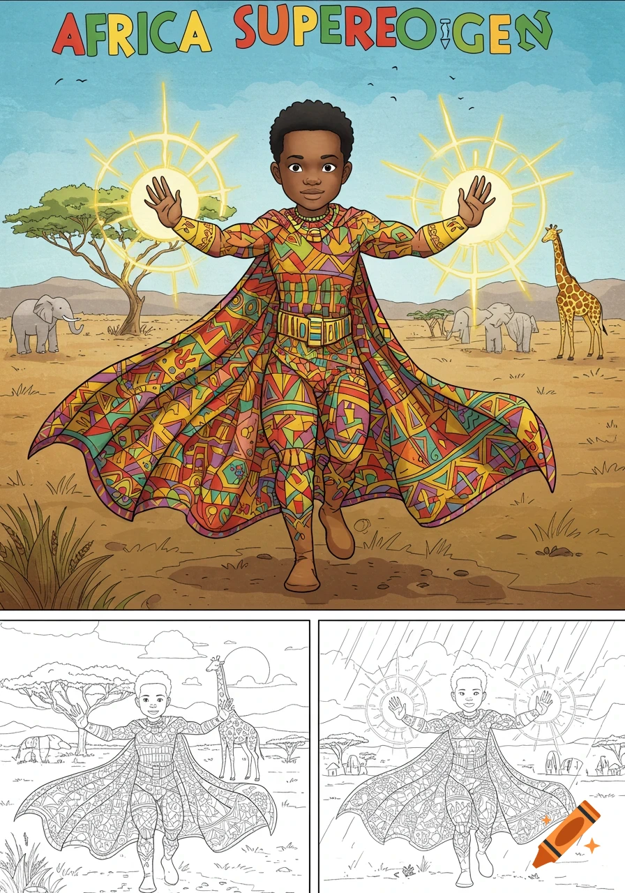 A vibrant cartoon illustration of a young Black superhero boy in a ...