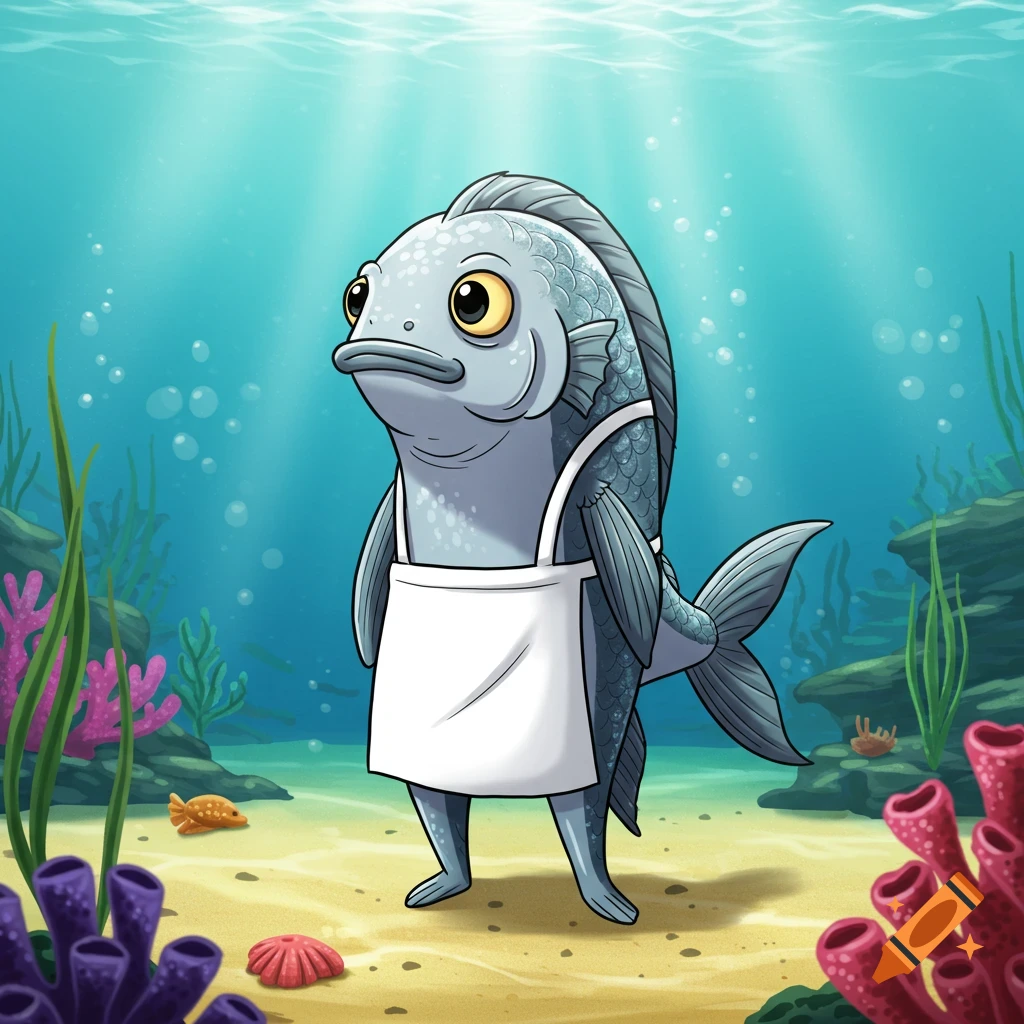 A cartoon fish standing upright in a white apron on the sandy ocean ...