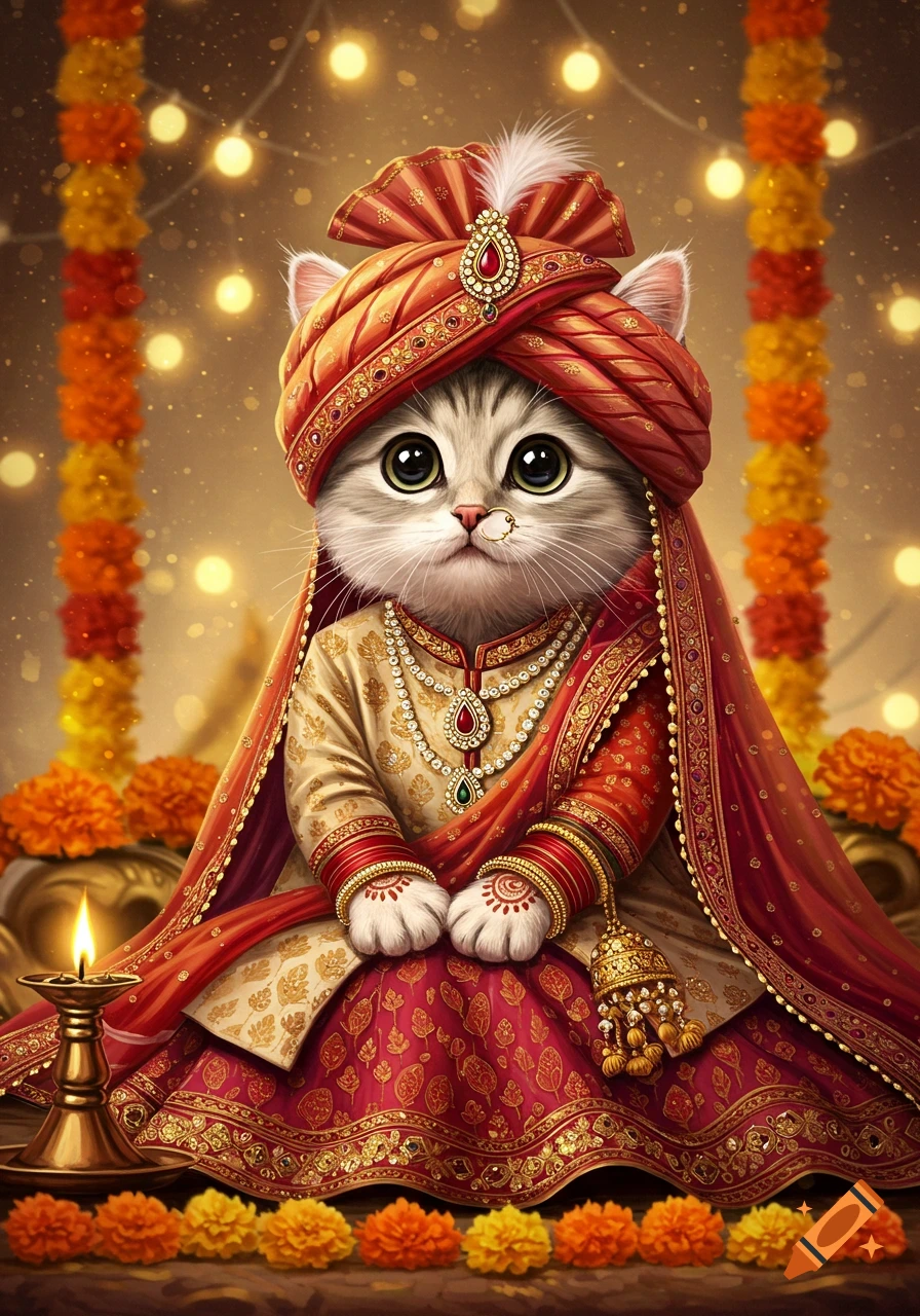 A cute kitten in ornate red and gold traditional Pakistani bridal ...