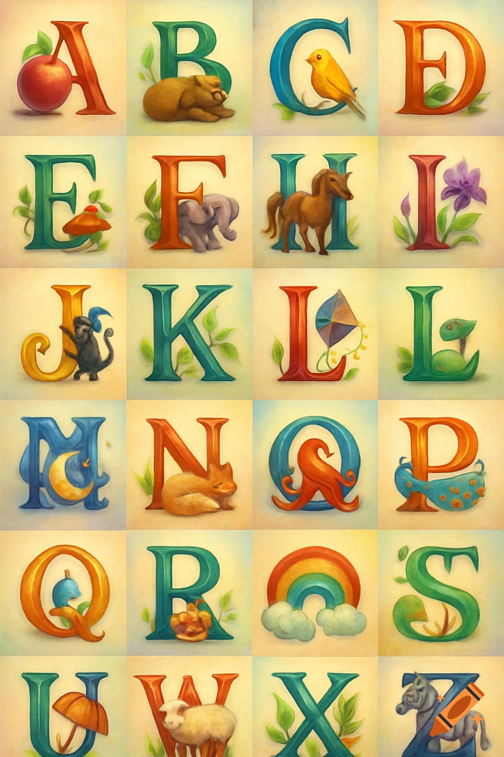 A colorful, painterly alphabet chart with each letter illustrated by a corresponding animal or ...