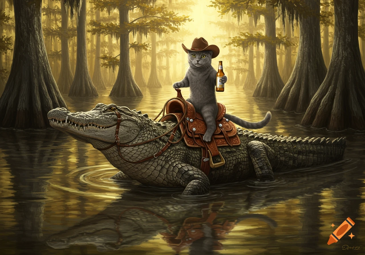 A grey cat in a cowboy hat rides an alligator through a sunlit swamp ...