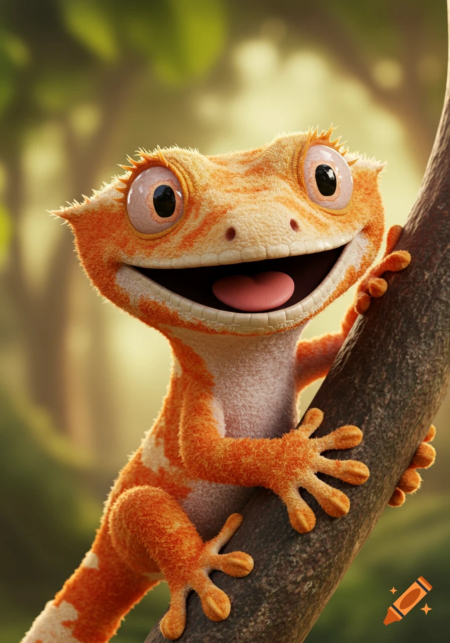 A cheerful, orange and cream puppet-style crested gecko with big eyes ...