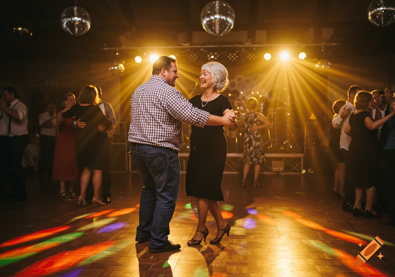 A man and woman dancing on a checkered dance floor lit by disco balls ...