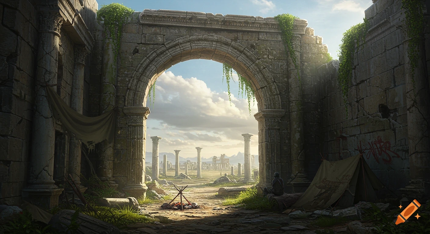 Photorealistic image of a large stone archway framing ancient ruins in ...