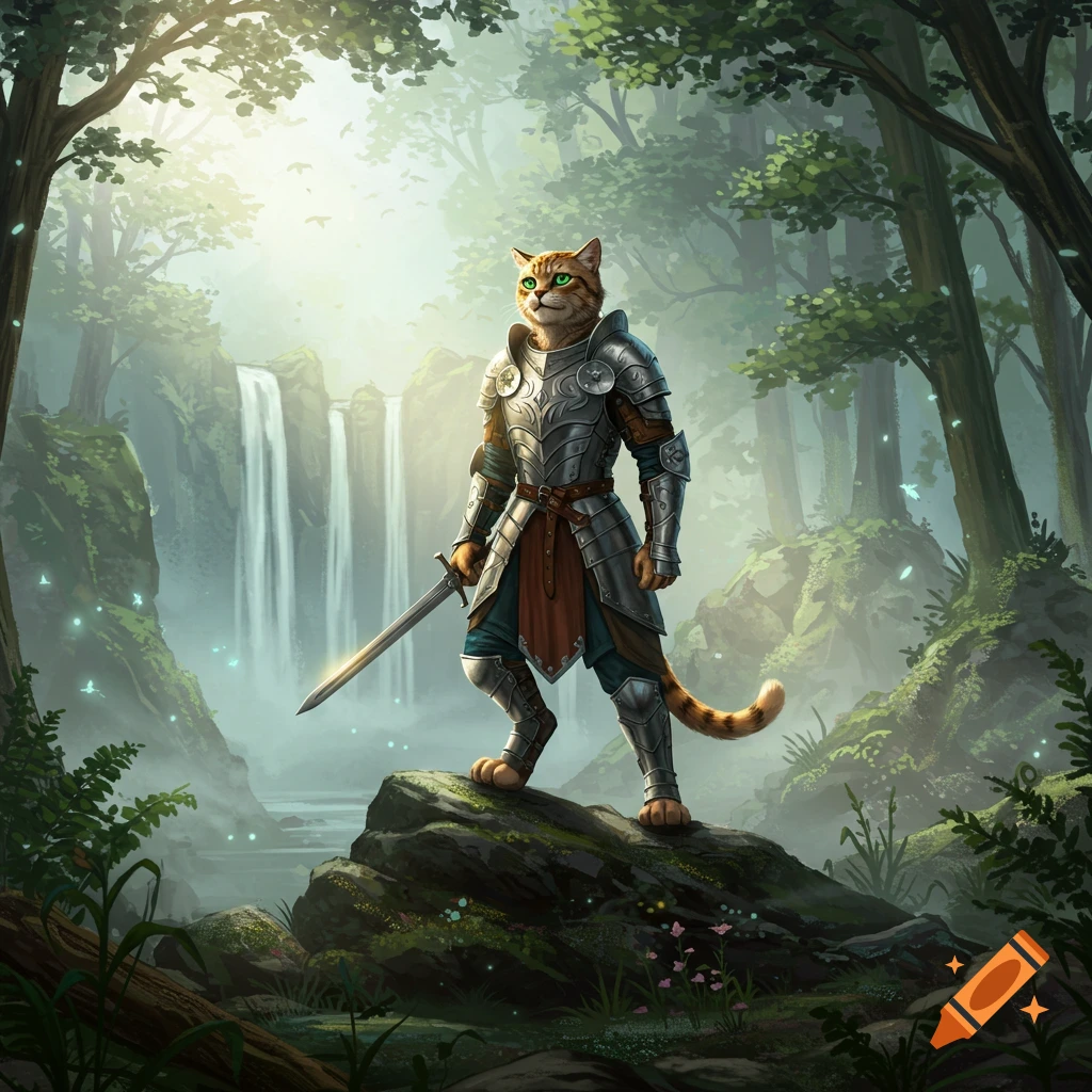 A Siamese cat-like warrior in fantasy armor with a sword stands in a ...