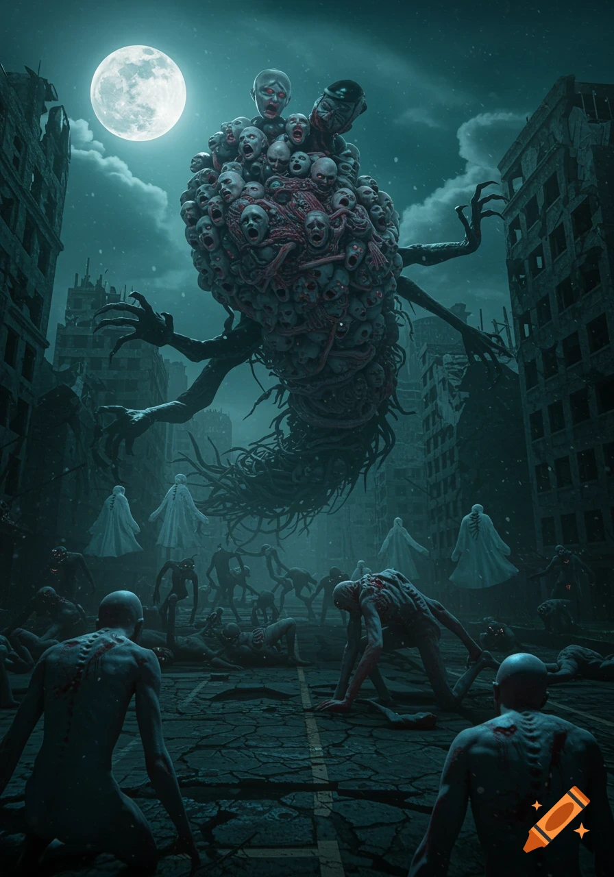 A colossal monster made of screaming faces hovers over a ruined city ...