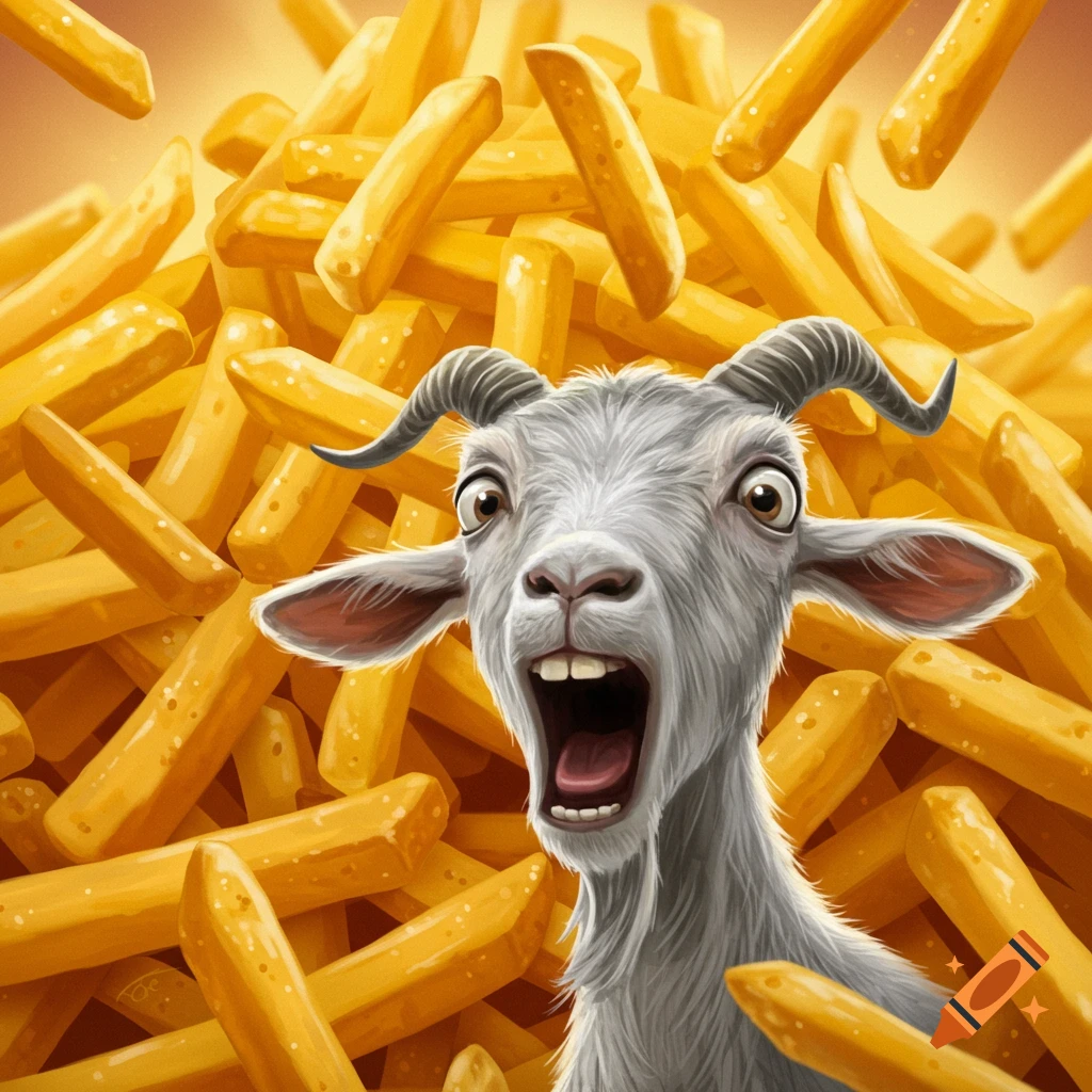 A cartoon screaming goat is buried under a pile of golden French fries ...