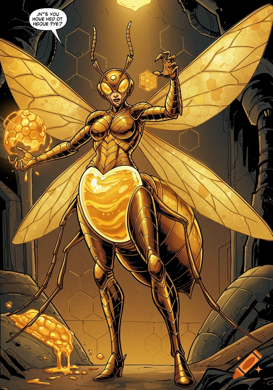 A golden-armored, anthropomorphic honeypot ant villainess stands ...