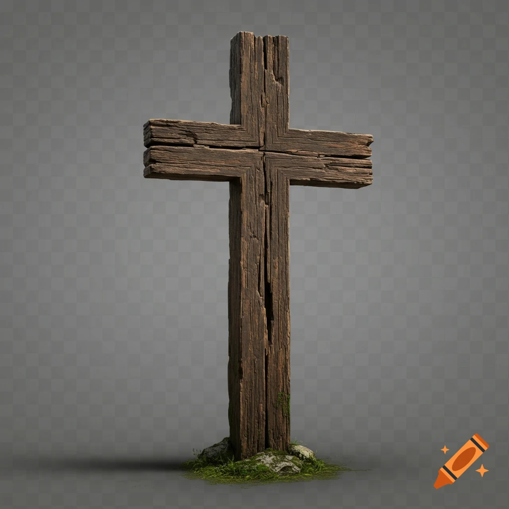 An old rugged wooden cross standing on grass and rocks with a ...