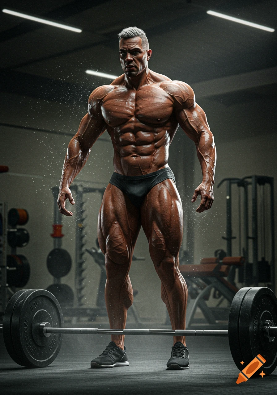 A muscular bodybuilder poses in a gym next to a barbell in a photorealistic style. on Craiyon