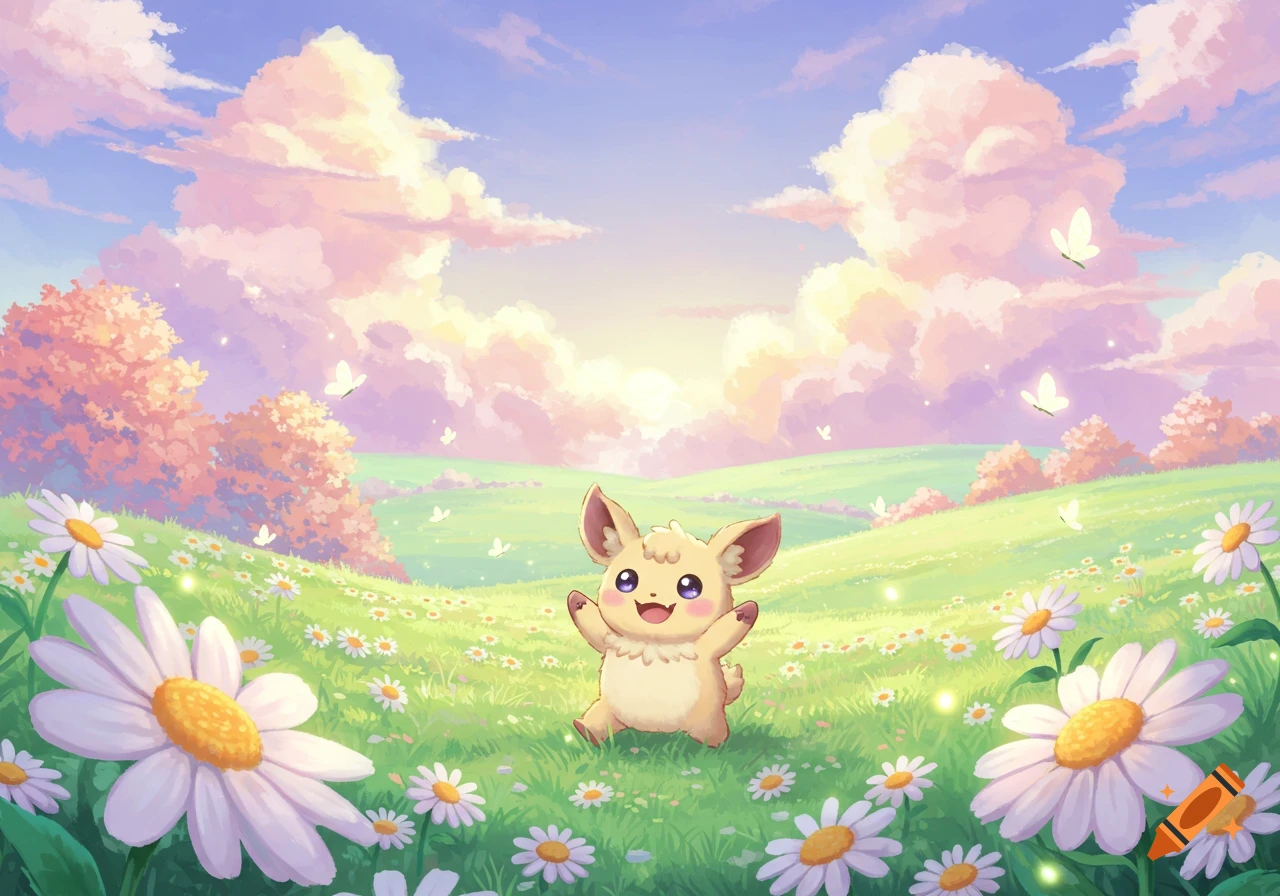 A cute, pink and yellow cartoon creature resembling a Pokémon in a ...