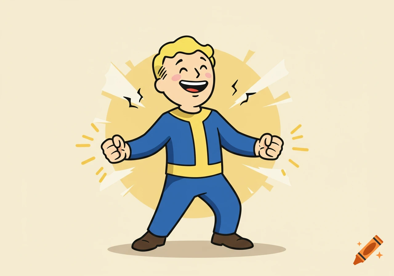 Cartoon illustration of Vault Boy in a blue and yellow jumpsuit ...