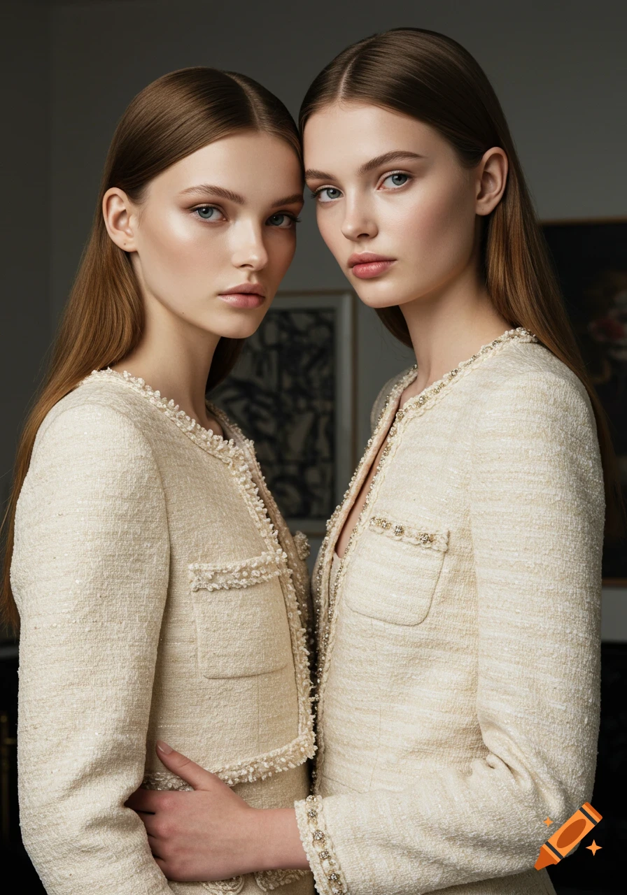 Two young women in cream-colored Chanel-inspired haute couture jackets ...