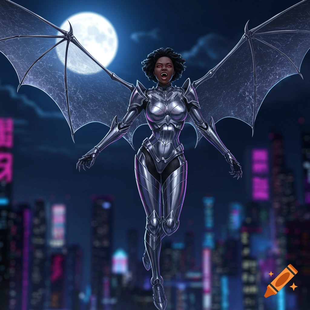 Maria Flambé in fiery red ensemble with black spikes and bat-like wings ...