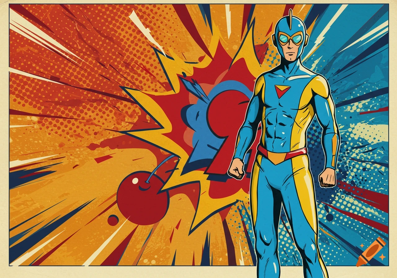 A superhero in a blue and yellow suit with goggles stands against a ...