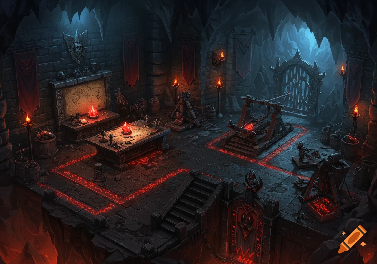 Isometric view of a dark fantasy war room in a fortress with glowing ...