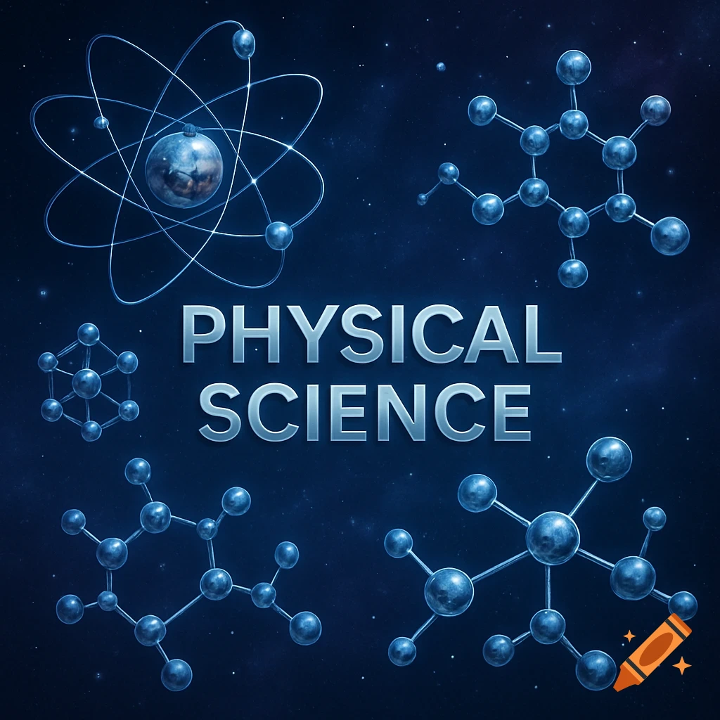 An atom model, various molecular structures, and the text 'PHYSICAL ...