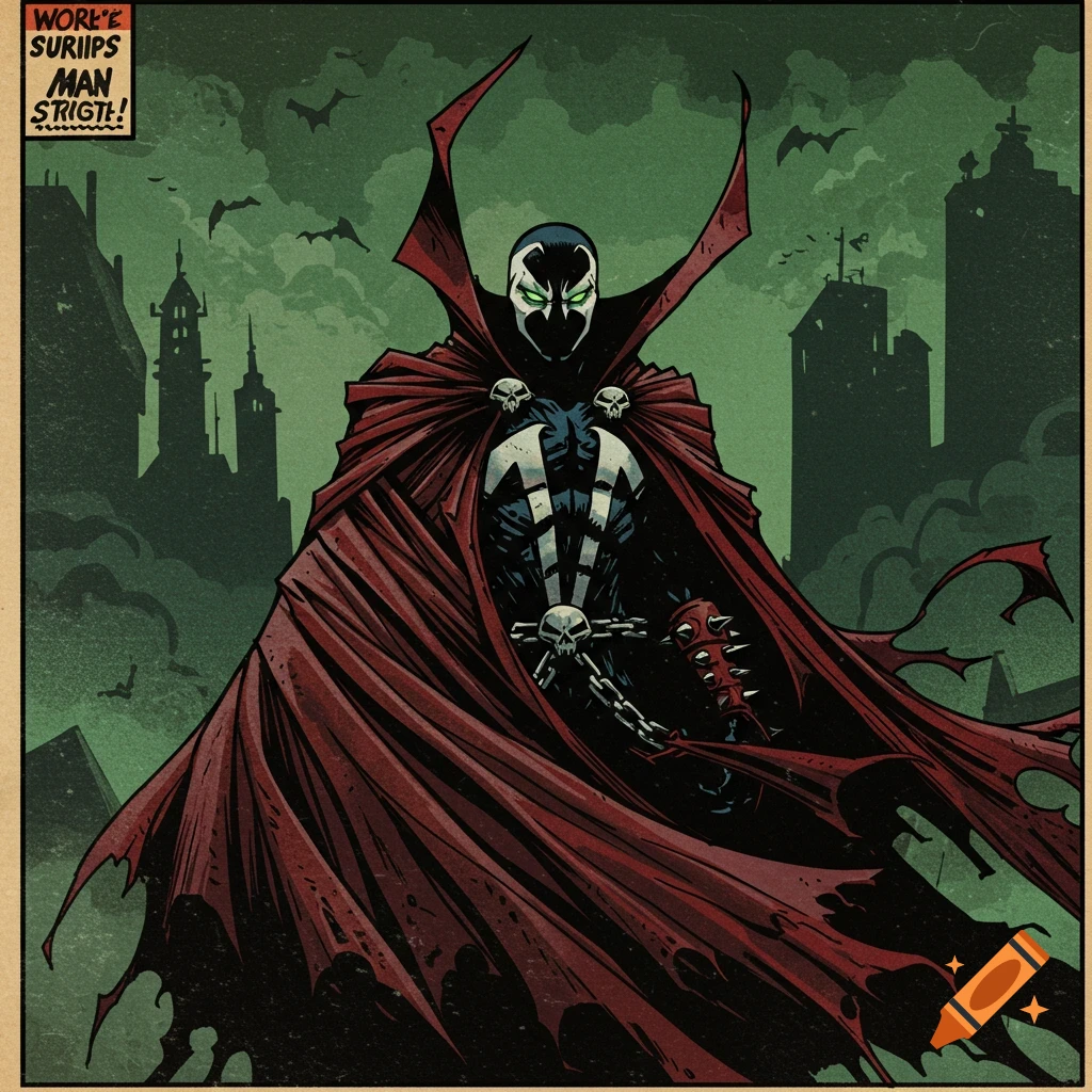 A vintage comic book style illustration of Spawn, a shadowy figure with ...