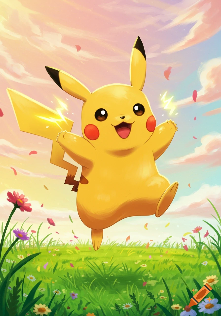Pikachu joyfully jumps in a green field with flowers and falling petals ...