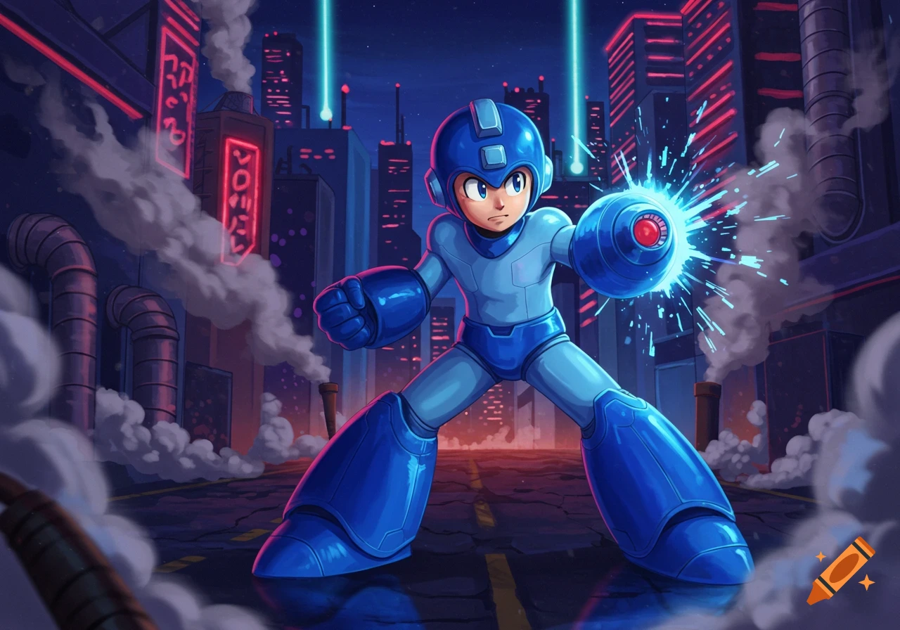 Mega Man X stands in a futuristic, neon-lit cyberpunk city, charging ...