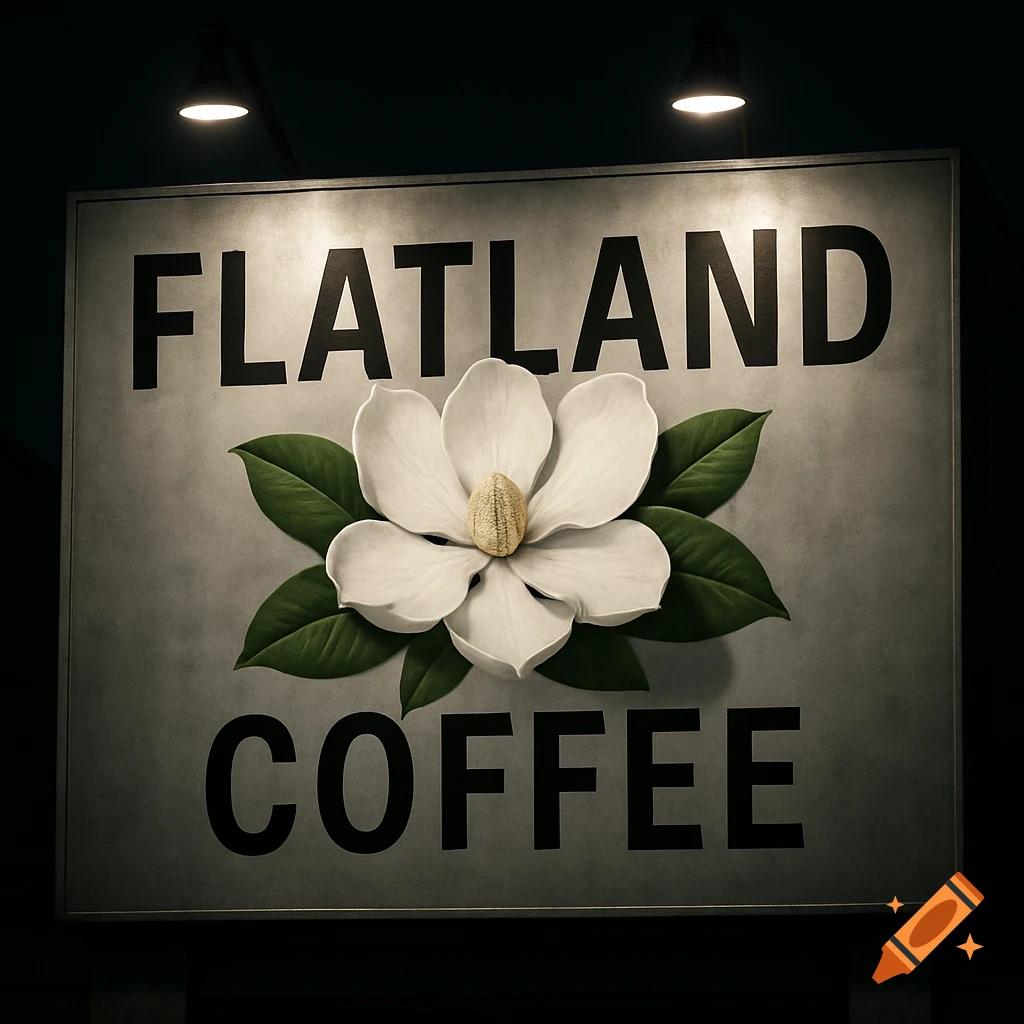 An industrial sign for Flatland Coffee, illuminated by spotlights ...