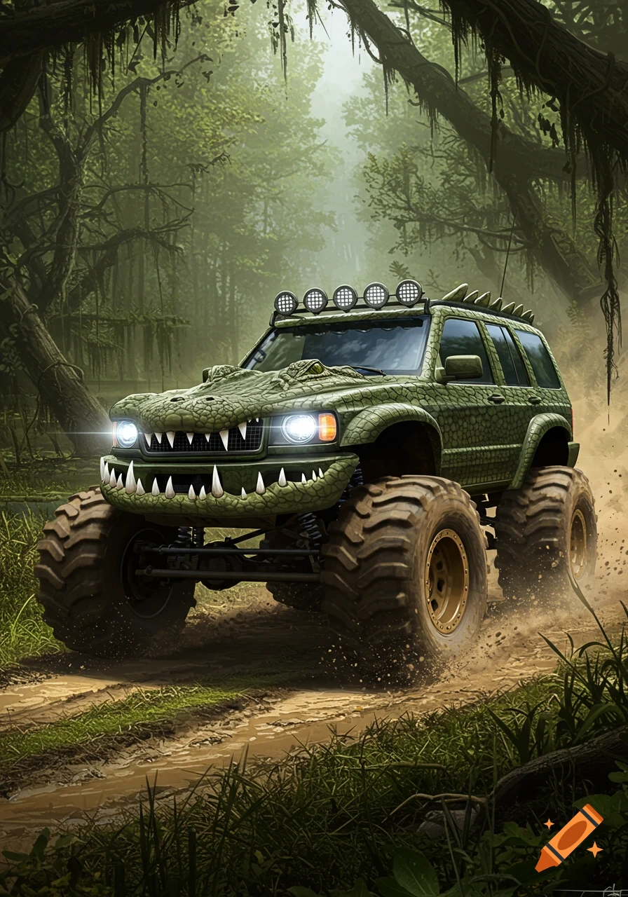 A cartoon alligator in a cowboy hat drives a rusty red pickup truck ...