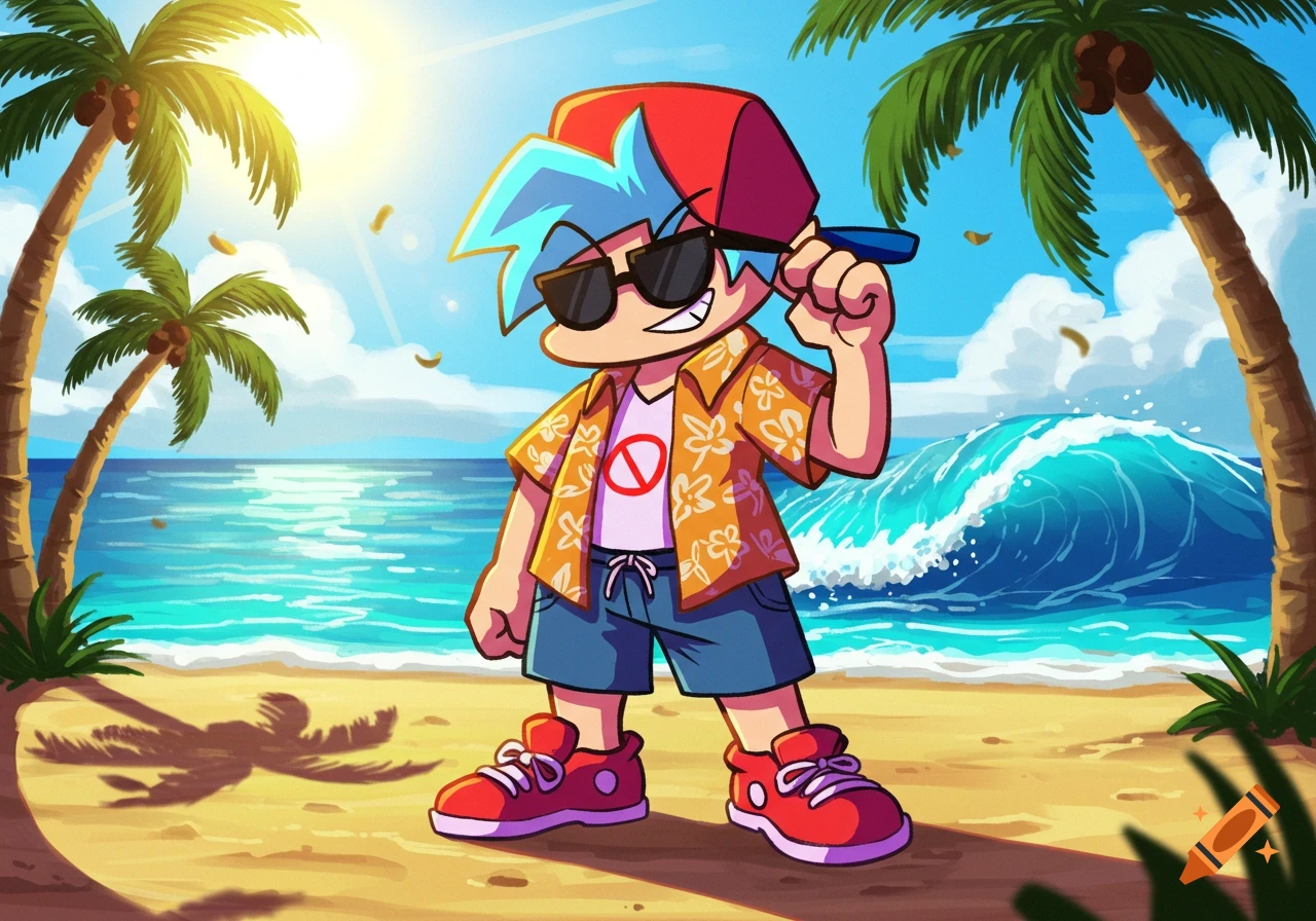 Cartoon FNF Boyfriend character stands on a sunny beach in a Hawaiian ...