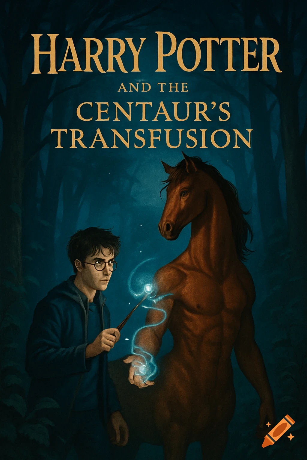 Book cover for 'Harry Potter and the Centaur's Transfusion' featuring Harry Potter and a ...