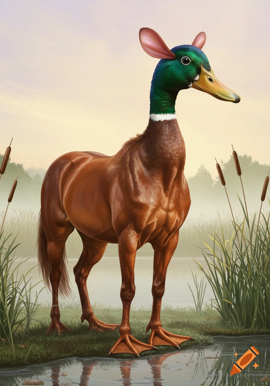 A photorealistic duck-horse hybrid, with a mallard head and webbed feet ...