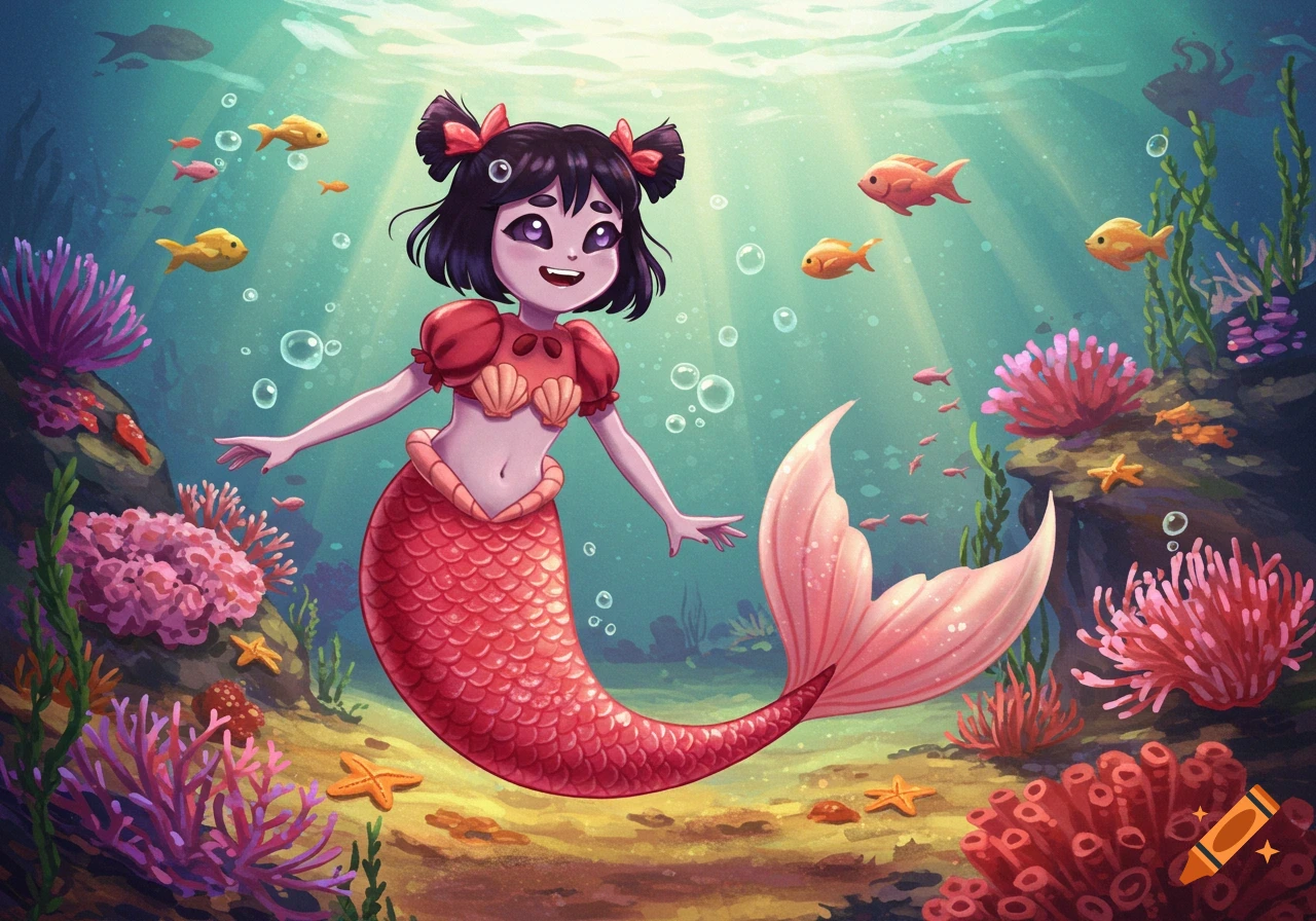 A happy cartoon panda mermaid with long blonde hair swims underwater ...