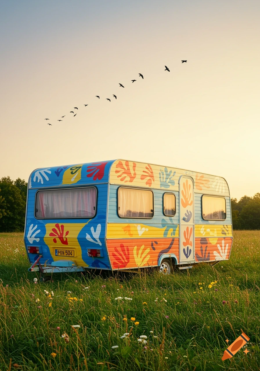 A colorful caravan decorated with Matisse-style patterns sits in a lush ...