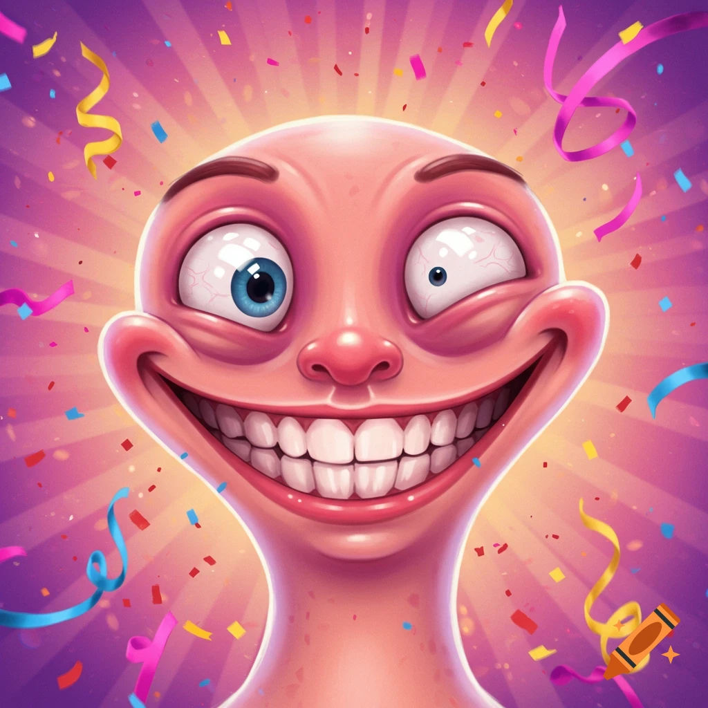 A bald cartoon character's head with a wide, toothy smile and ...