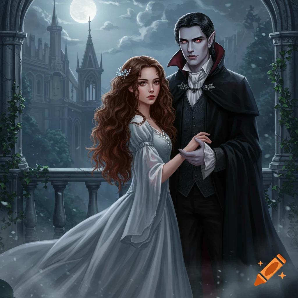 A vampire man and a woman in a flowing dress hold hands on a balcony before a gothic castle ...