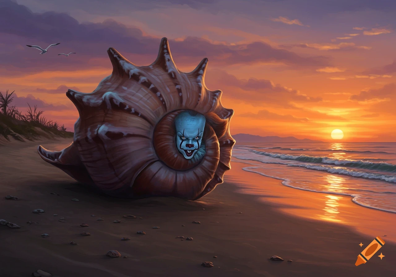 Pennywise's face peeking from a large conch shell on a sandy beach at ...