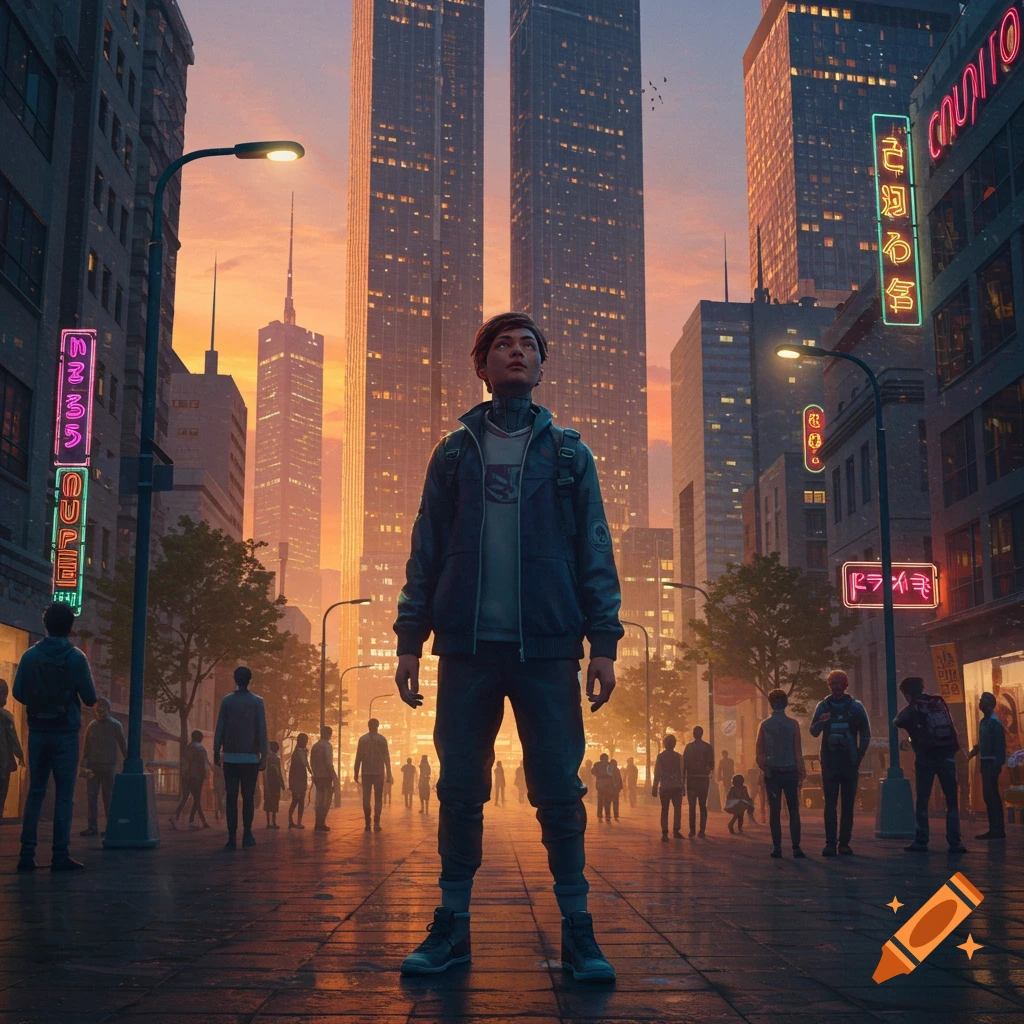 A young person stands in the middle of a bustling futuristic city ...