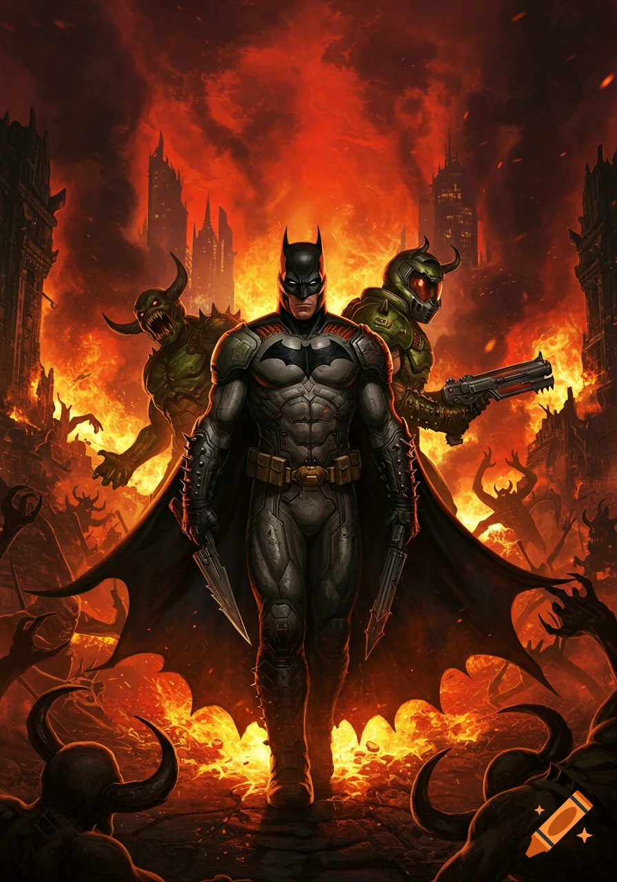 Batman and Doomguy stand heroically in a fiery hellscape surrounded by ...