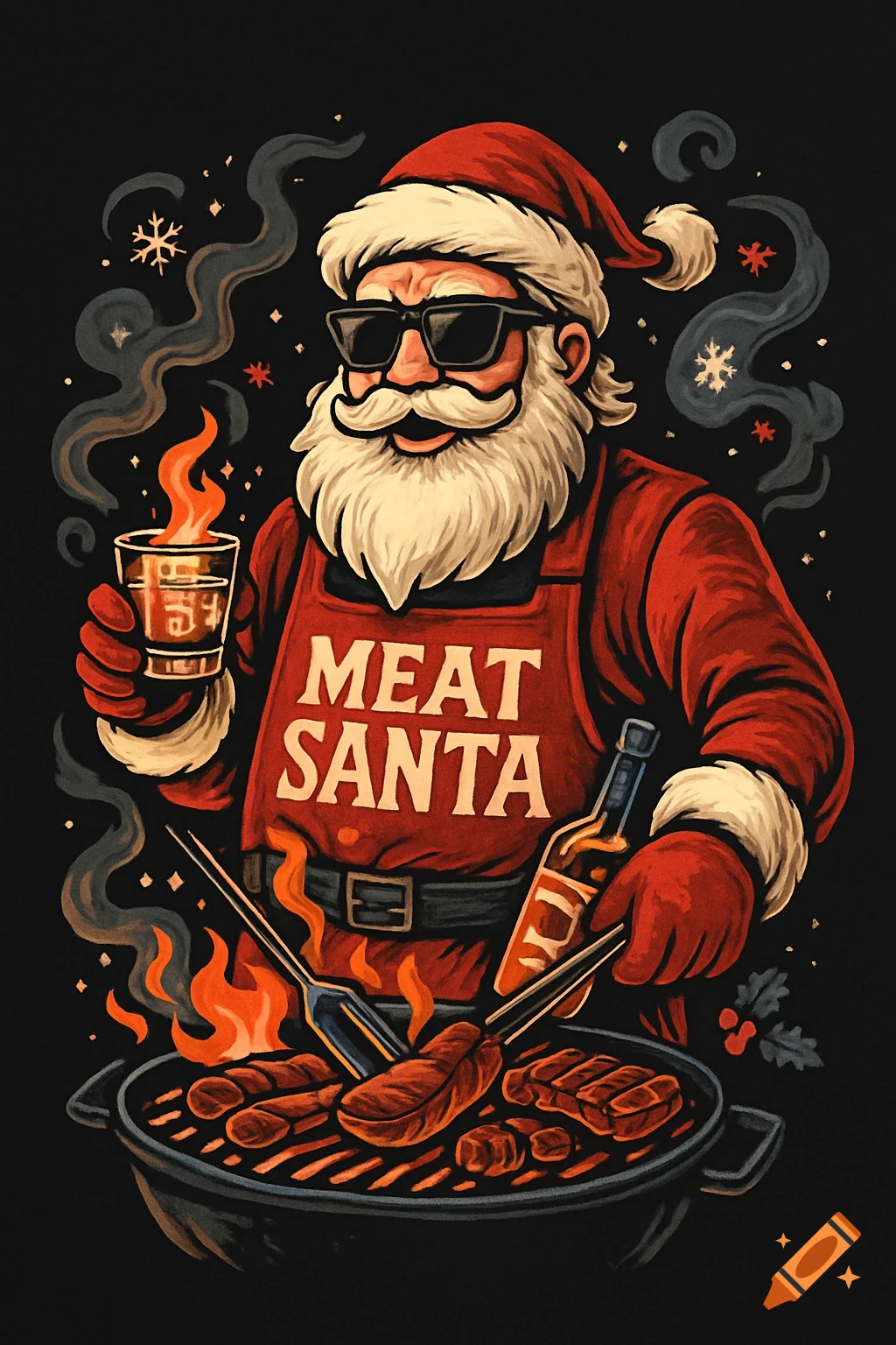 Cartoon Santa Claus in sunglasses and an apron saying 'Meat Santa ...