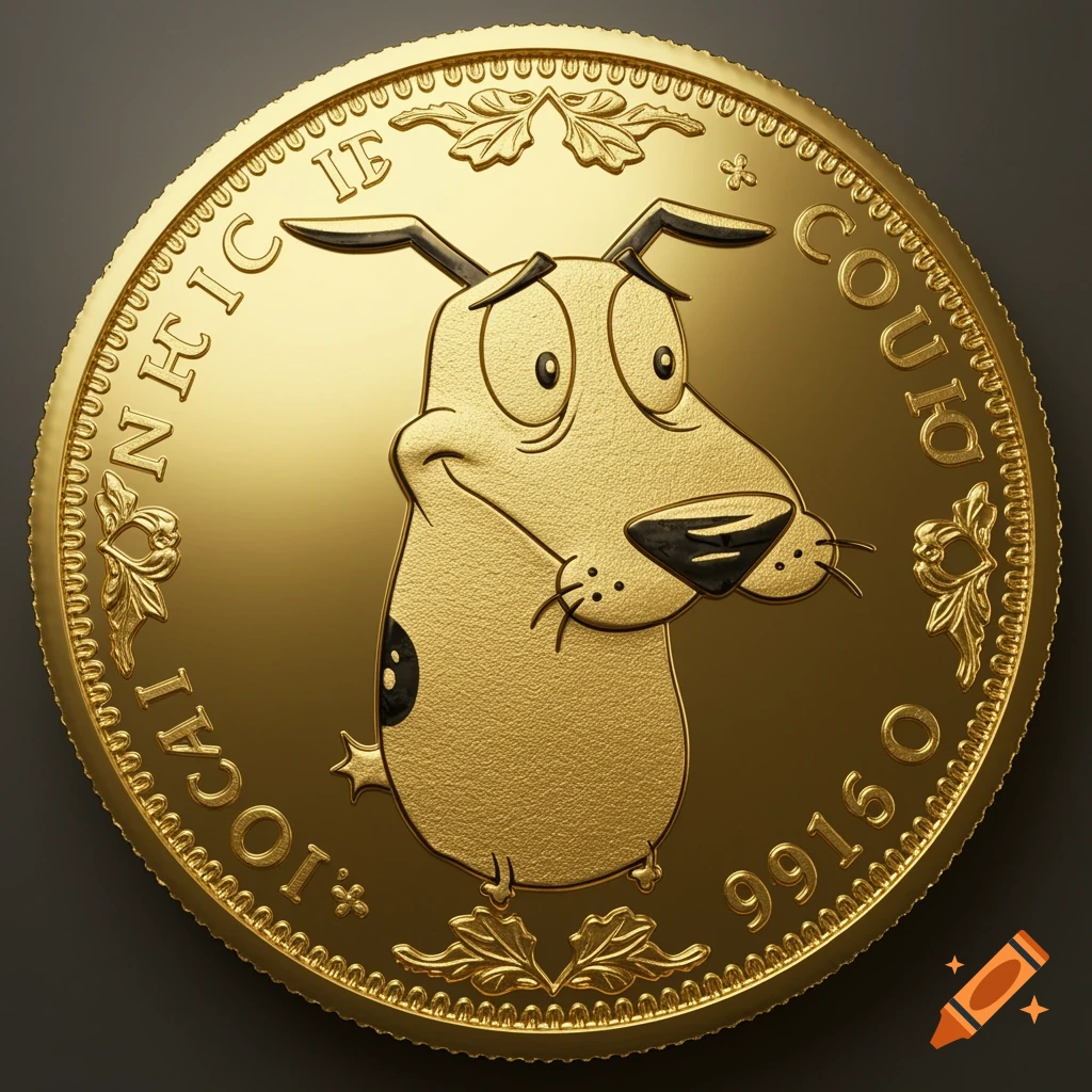 A golden coin featuring the embossed face of Courage the Cowardly Dog ...