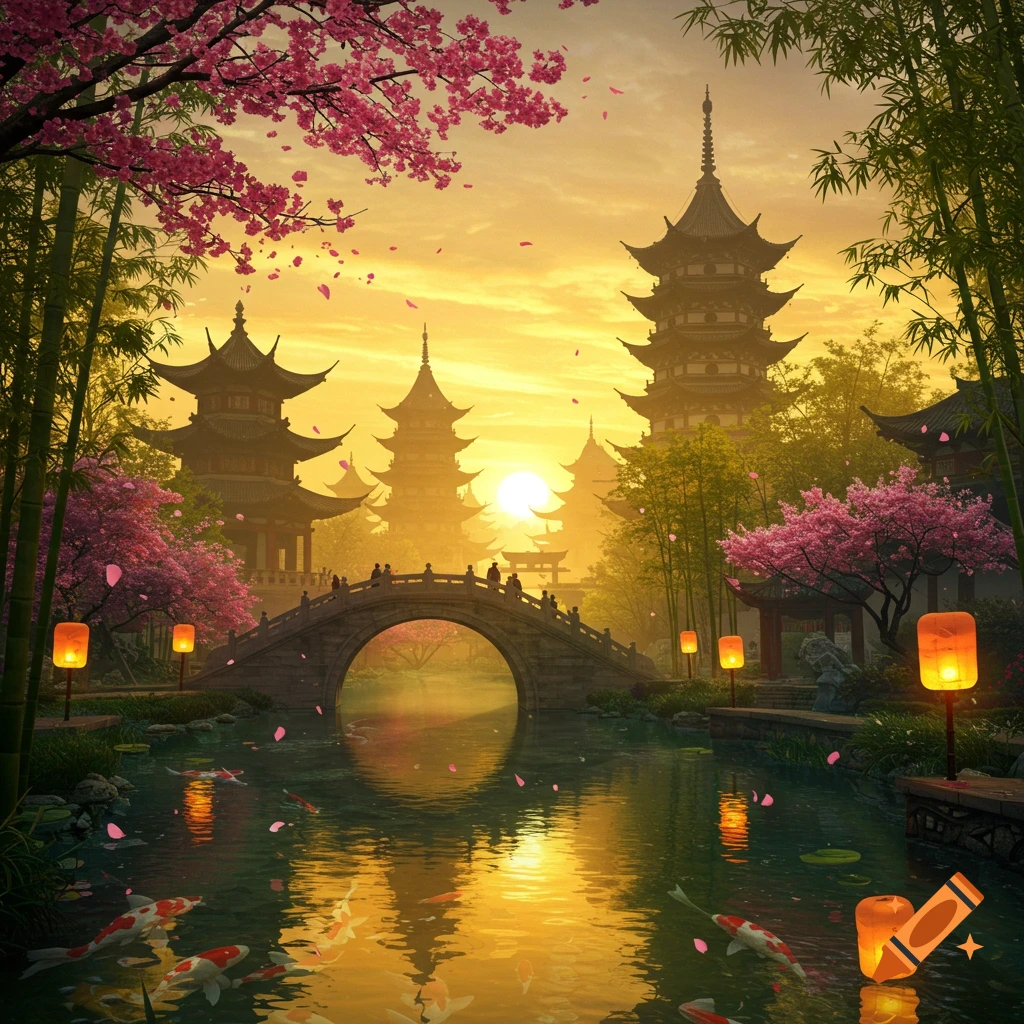 Anime-style Japanese temple with red pagodas and structures, surrounded ...